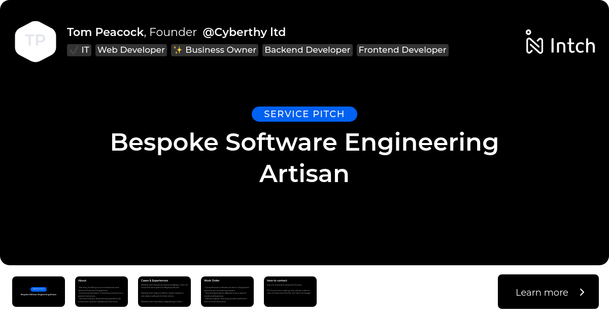 Tom Peacock - Bespoke Software Engineering Artisan | Intch