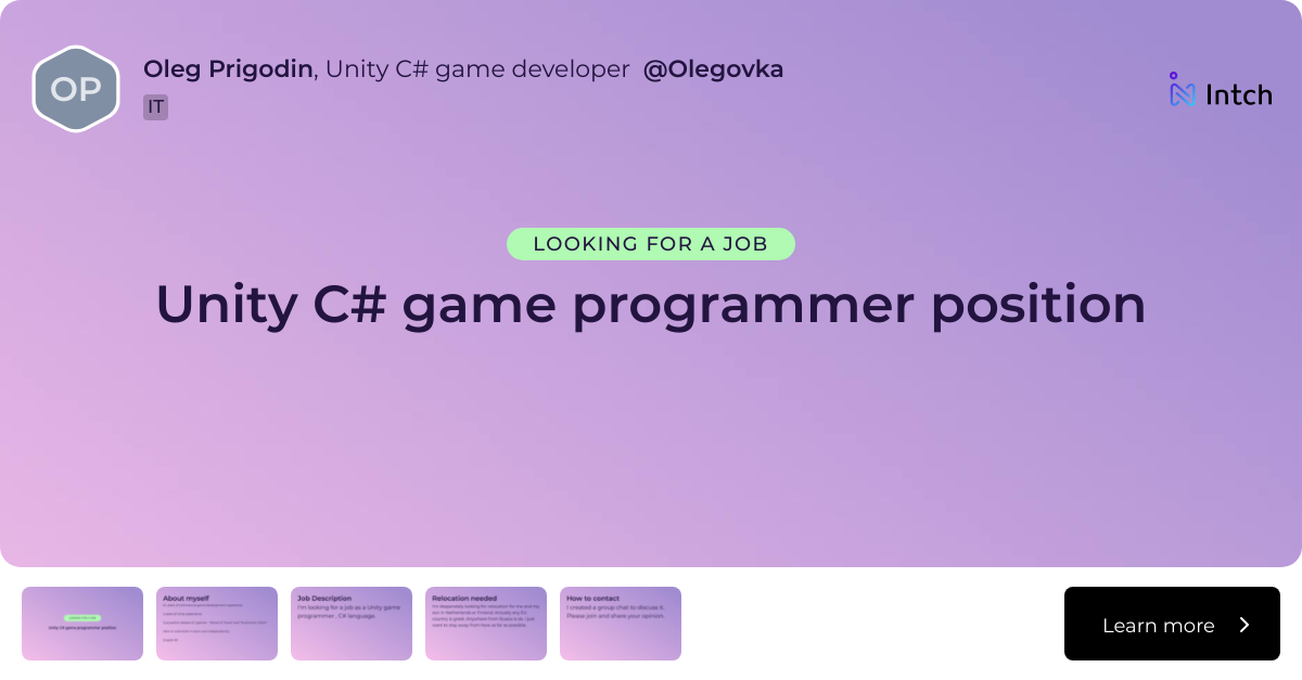 Oleg Prigodin - Unity C# game programmer position | Intch