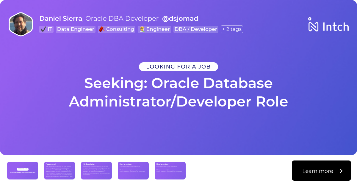 Daniel Sierra - Seeking: Oracle Database Administrator/Developer Role | Intch