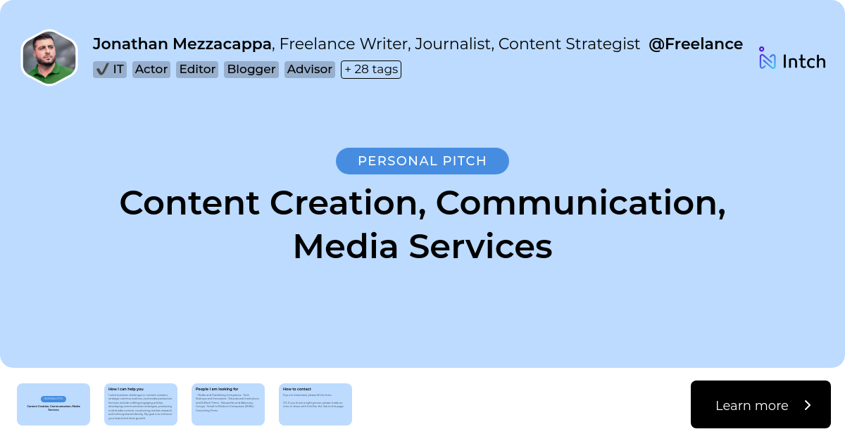 Jonathan Mezzacappa - Content Creation, Communication, Media Services | Intch