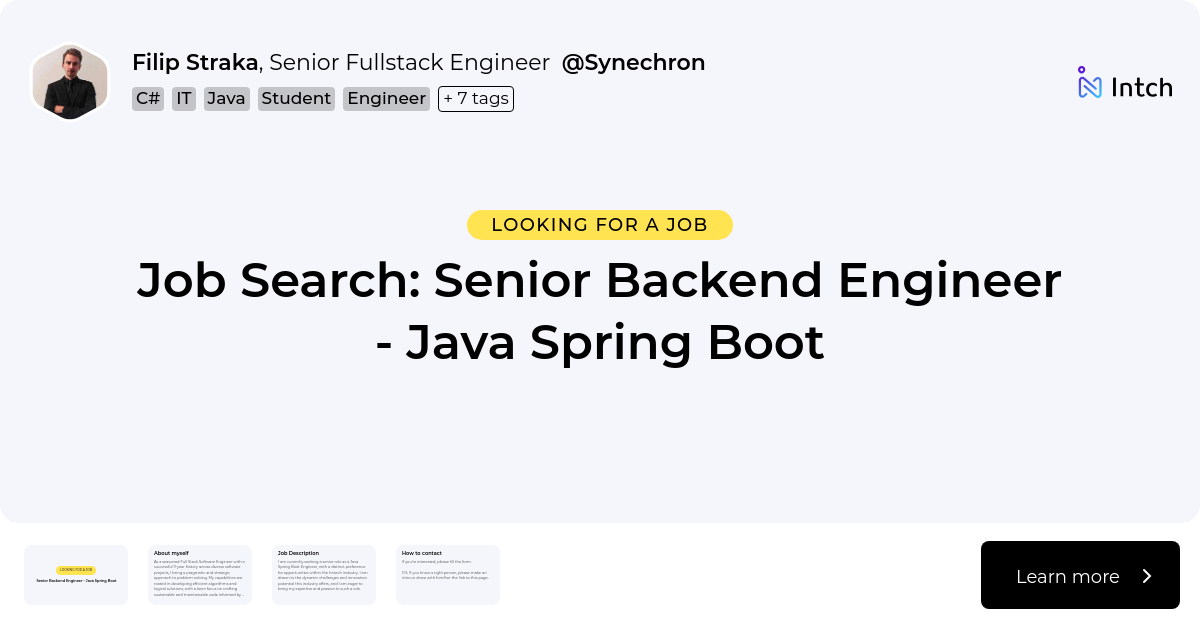 Filip Straka - Job Search: Senior Backend Engineer - Java Spring Boot | Intch