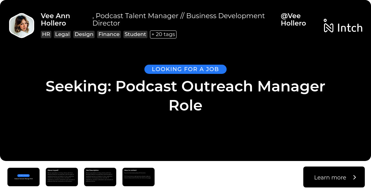 Vee Ann Hollero - Seeking: Podcast Outreach Manager Role | Intch