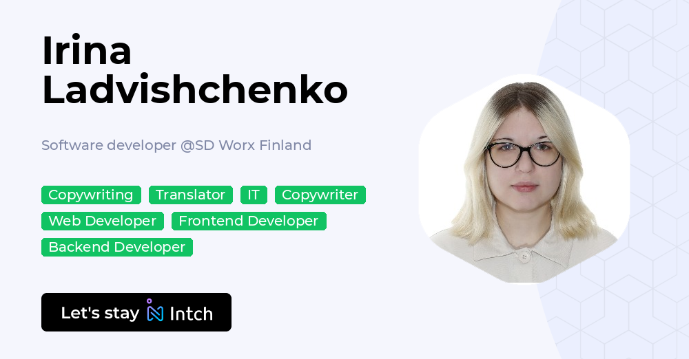 Irina Ladvishchenko - Software developer, SD Worx Finland | Intch